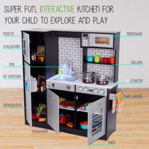 Lil' Jumbl Kids Kitchen Set, Pretend Wooden Play Kitchen, Battery Operated Icemaker, Burners, Faucet & Microwave Makes Realistic Sound & Light, Pots & Pan Included - Charcoal