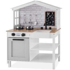 best choice products farmhouse play kitchen toy, wooden pretend set for kids w/chalkboard, marble backdrop, windows, storage shelves, 5 accessories included - beveled white