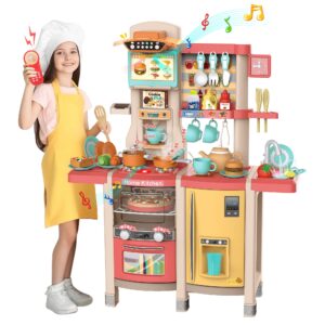 kids play kitchen,kitchen playset with 65pcs kitchen toys for toddlers,play house accessories with spray stove, simulated steam, sink, oven,dishwasher, real sounds and light for girls and boys