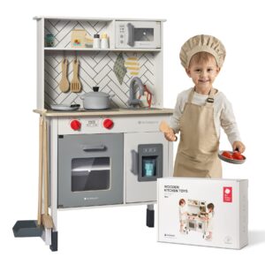 bc babycare wooden play kitchen for toddlers 1-3, adjustable kids kitchen playset for age 4-6, toy kitchen with realistic design, light & sound, ice maker, utensils, oven, sink