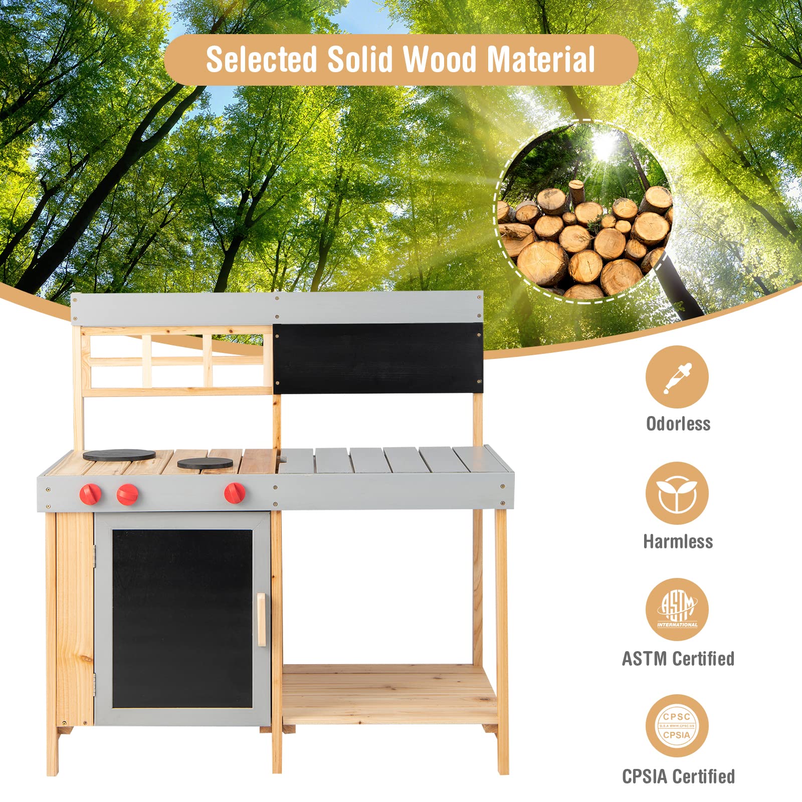 Costzon Mud Kitchen for Kids Outdoor, Wooden Pretend Play Kitchen with Removable Sink, Stoves, Storage Shelf, Toddler Backyard Toy Kitchen Set, Kids Kitchen Set for Boys Girls Age 3+