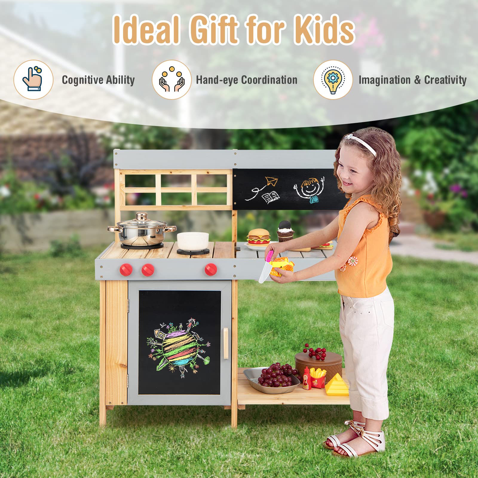 Costzon Mud Kitchen for Kids Outdoor, Wooden Pretend Play Kitchen with Removable Sink, Stoves, Storage Shelf, Toddler Backyard Toy Kitchen Set, Kids Kitchen Set for Boys Girls Age 3+