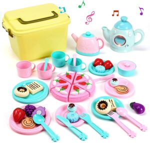 cute stone toy tea set for little girls, kids tea party set includes kettle with light & music, teapot, dessert, cookies, play tea party accessories & carrying case, kitchen pretend play for kids