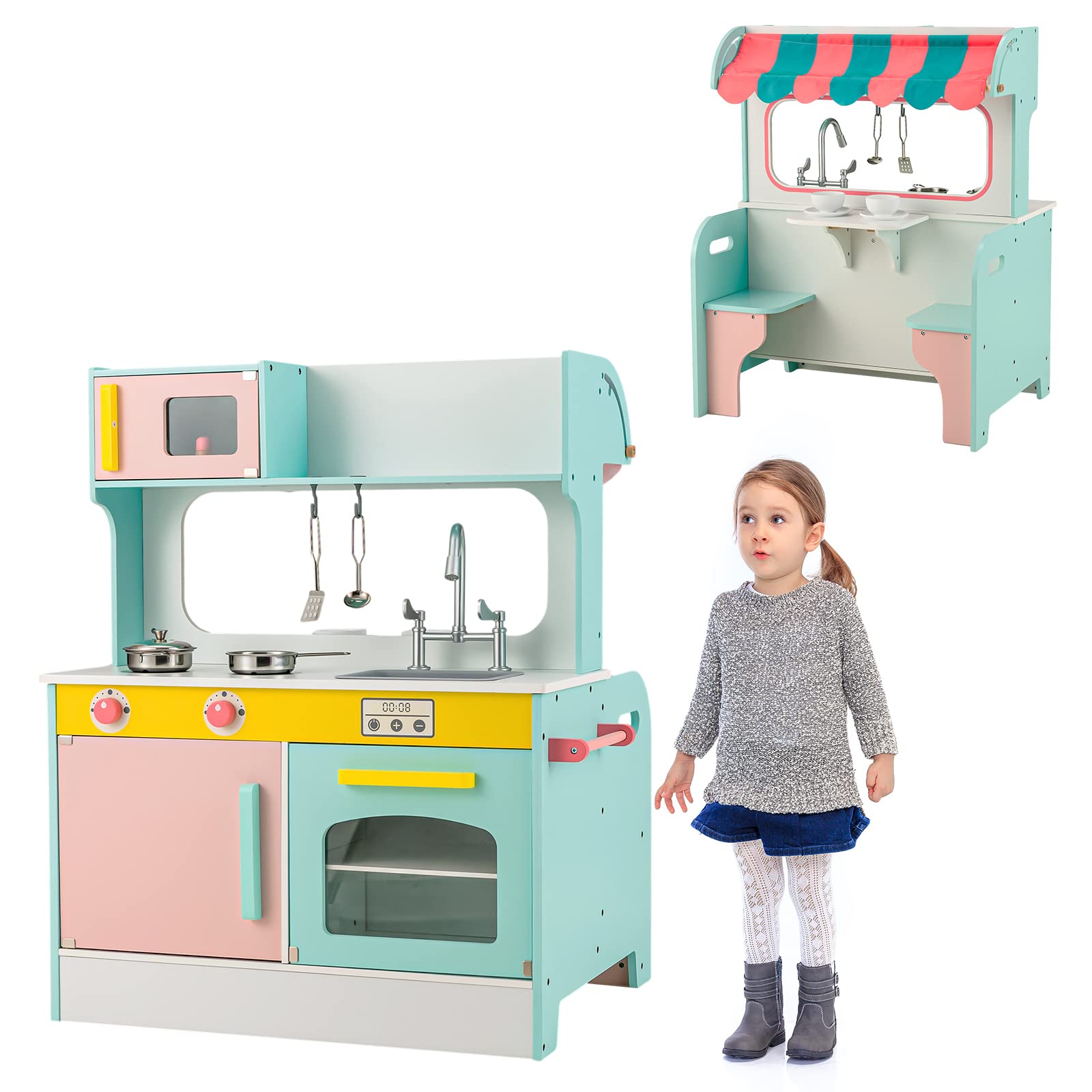 INFANS 2 in 1 Kids Play Kitchen and Restaurant, Double Sided Toddler Wooden Pretend Cooking Set with Stove Sink Microwave Storage Cabinet, Simulation Kitchen Toy Set for Boys Girls (Modern)