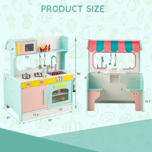 INFANS 2 in 1 Kids Play Kitchen and Restaurant, Double Sided Toddler Wooden Pretend Cooking Set with Stove Sink Microwave Storage Cabinet, Simulation Kitchen Toy Set for Boys Girls (Modern)