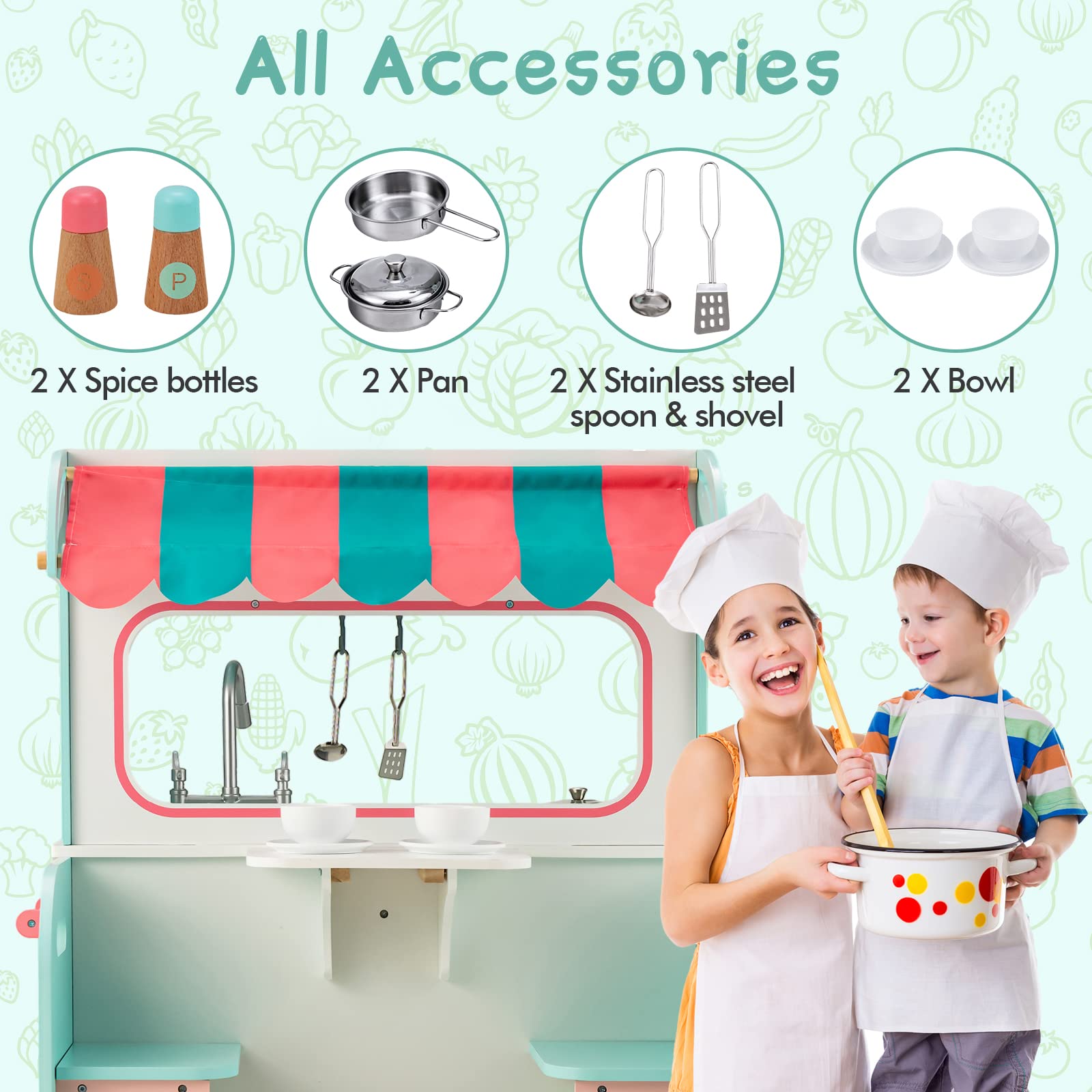 INFANS 2 in 1 Kids Play Kitchen and Restaurant, Double Sided Toddler Wooden Pretend Cooking Set with Stove Sink Microwave Storage Cabinet, Simulation Kitchen Toy Set for Boys Girls (Modern)