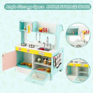 INFANS 2 in 1 Kids Play Kitchen and Restaurant, Double Sided Toddler Wooden Pretend Cooking Set with Stove Sink Microwave Storage Cabinet, Simulation Kitchen Toy Set for Boys Girls (Modern)