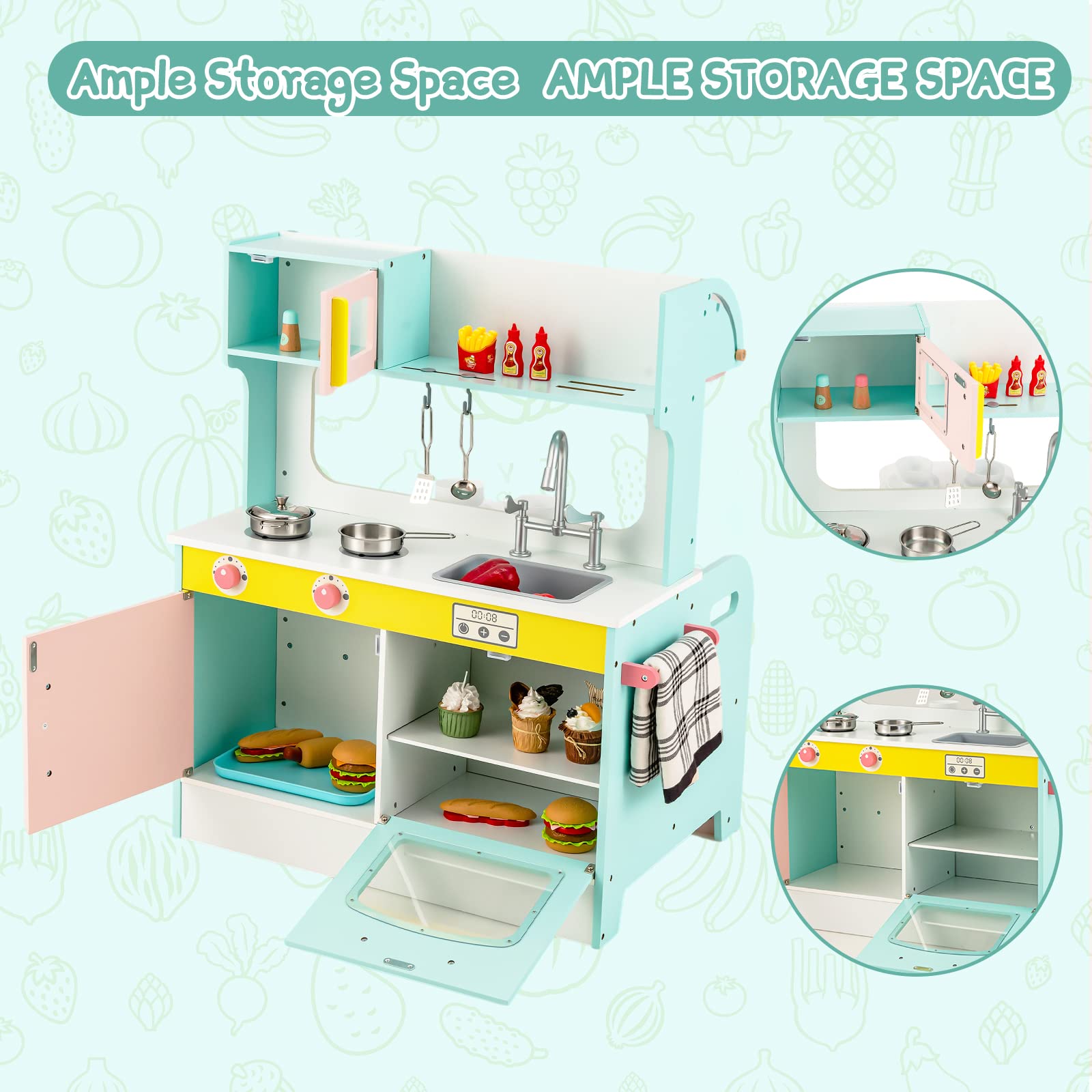 INFANS 2 in 1 Kids Play Kitchen and Restaurant, Double Sided Toddler Wooden Pretend Cooking Set with Stove Sink Microwave Storage Cabinet, Simulation Kitchen Toy Set for Boys Girls (Modern)