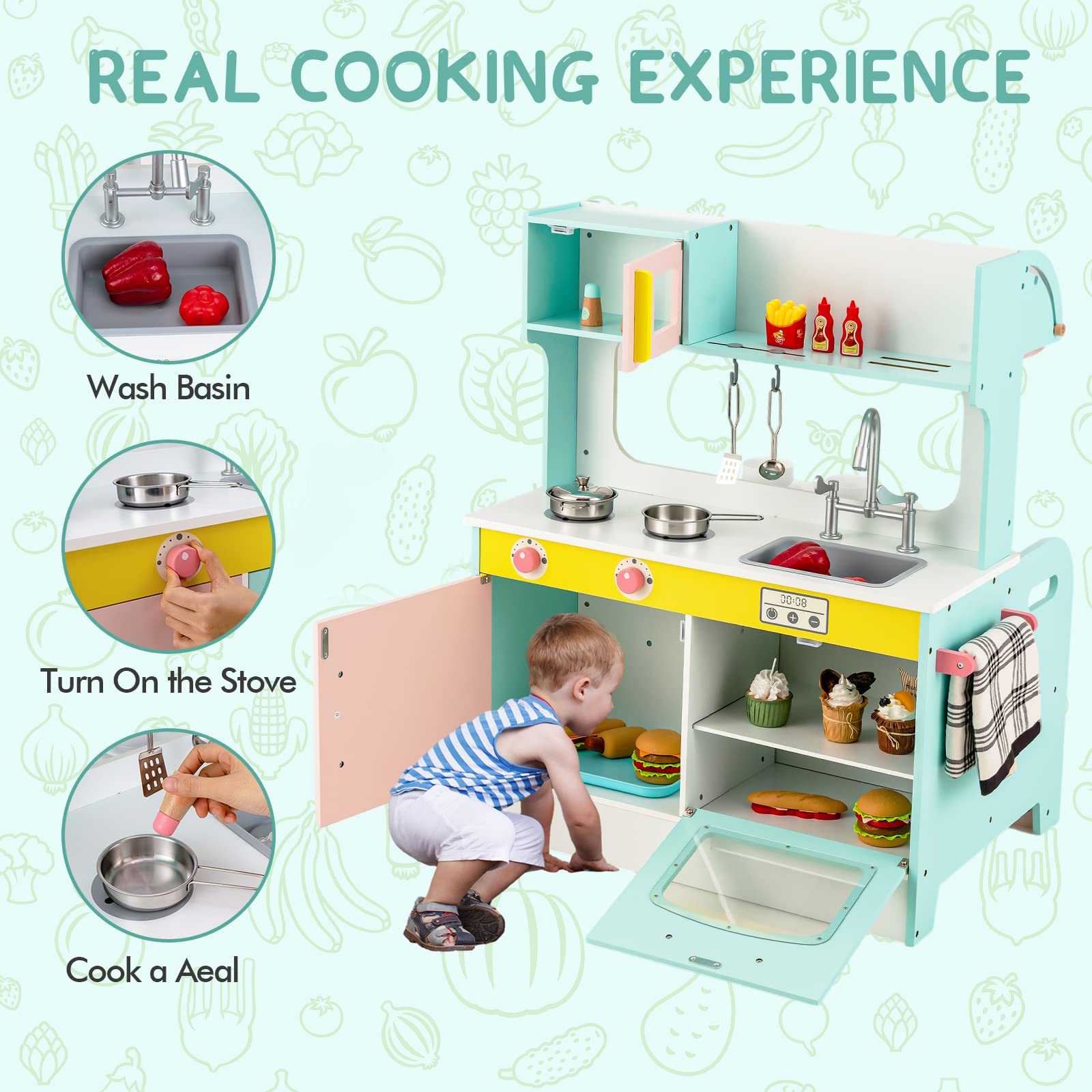 INFANS 2 in 1 Kids Play Kitchen and Restaurant, Double Sided Toddler Wooden Pretend Cooking Set with Stove Sink Microwave Storage Cabinet, Simulation Kitchen Toy Set for Boys Girls (Modern)