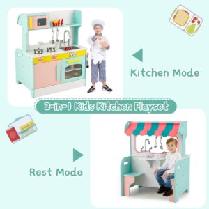 INFANS 2 in 1 Kids Play Kitchen and Restaurant, Double Sided Toddler Wooden Pretend Cooking Set with Stove Sink Microwave Storage Cabinet, Simulation Kitchen Toy Set for Boys Girls (Modern)