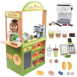 pretend coffee shop wooden playset - drive thru window fun - includes frappuccino w straws, espresso maker, bread, pastries, rotating cash register, coffee cups, apron- over 25 super cute play pieces!