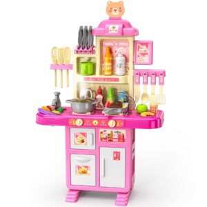 temi kids play kitchen playset - pretend play kitchen accessories for toddlers 2-5 years old, interactive girls toys play with lights and sounds, toddler outdoor playset gifts for boys