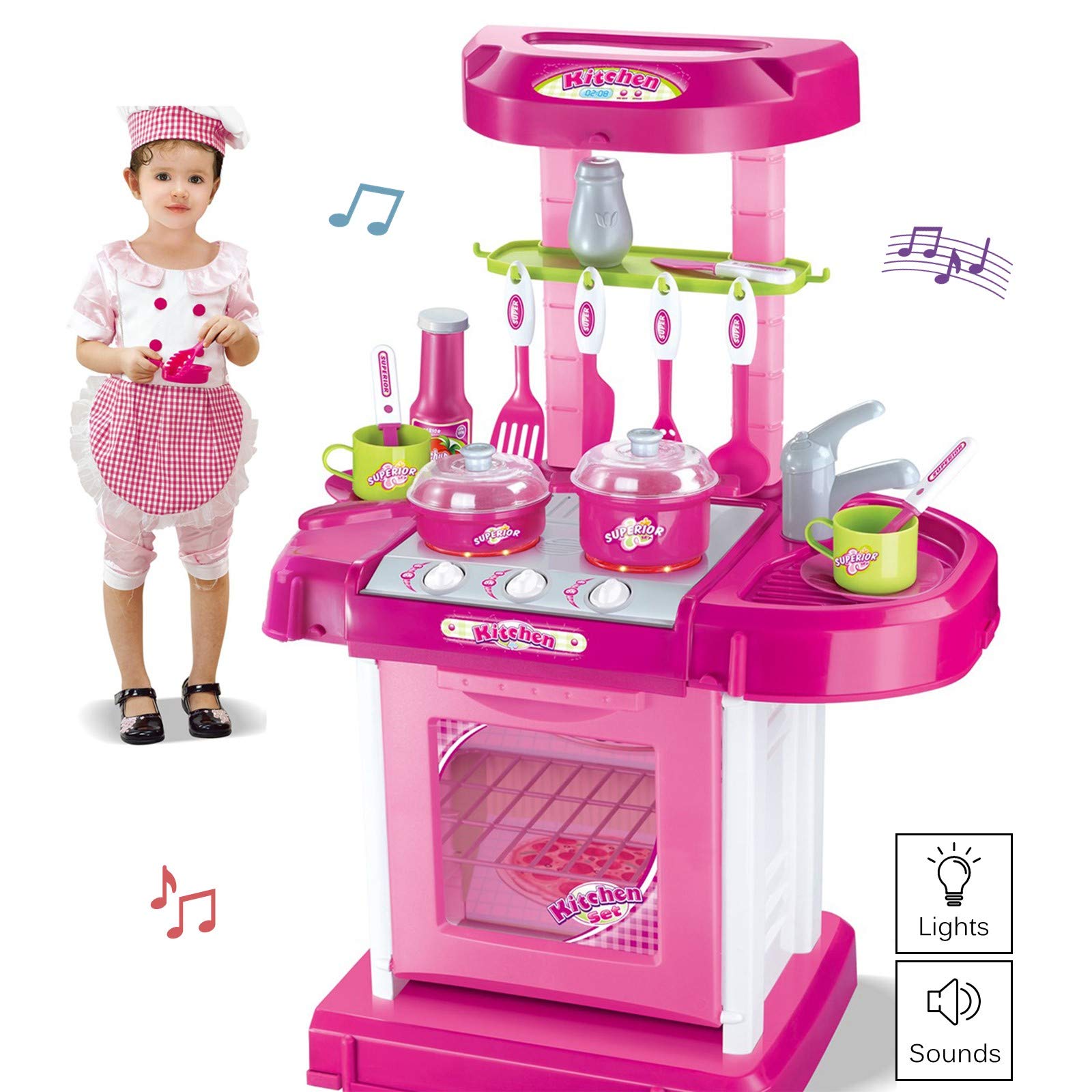 Vokodo Kitchen Playset 26” Height Toy Play Set Kitchens Cocina para Niñas w/Pots Oven Stove Sink Appliances Lights Sounds Pretend Play Toys for Kids Children Girls Toddlers Toddler Ages 2 3 4 5 6 7