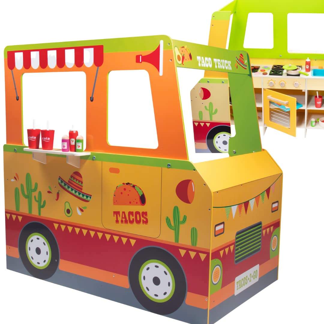 Taco Truck Wooden Playset, 30 Toy Pieces Including Cook Top, Steering Wheel, Sink, Sticker Sheet for Kids Name, Food, Taco Shells, Cheese, Patties, Dual Sided Play Stand Set for Indoor Fun, Ages 3+