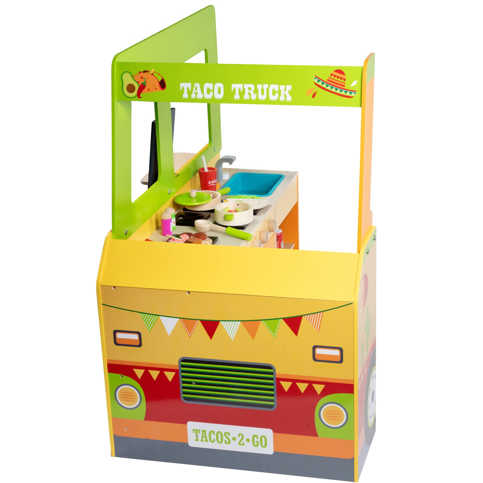 Taco Truck Wooden Playset, 30 Toy Pieces Including Cook Top, Steering Wheel, Sink, Sticker Sheet for Kids Name, Food, Taco Shells, Cheese, Patties, Dual Sided Play Stand Set for Indoor Fun, Ages 3+