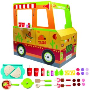 Taco Truck Wooden Playset, 30 Toy Pieces Including Cook Top, Steering Wheel, Sink, Sticker Sheet for Kids Name, Food, Taco Shells, Cheese, Patties, Dual Sided Play Stand Set for Indoor Fun, Ages 3+