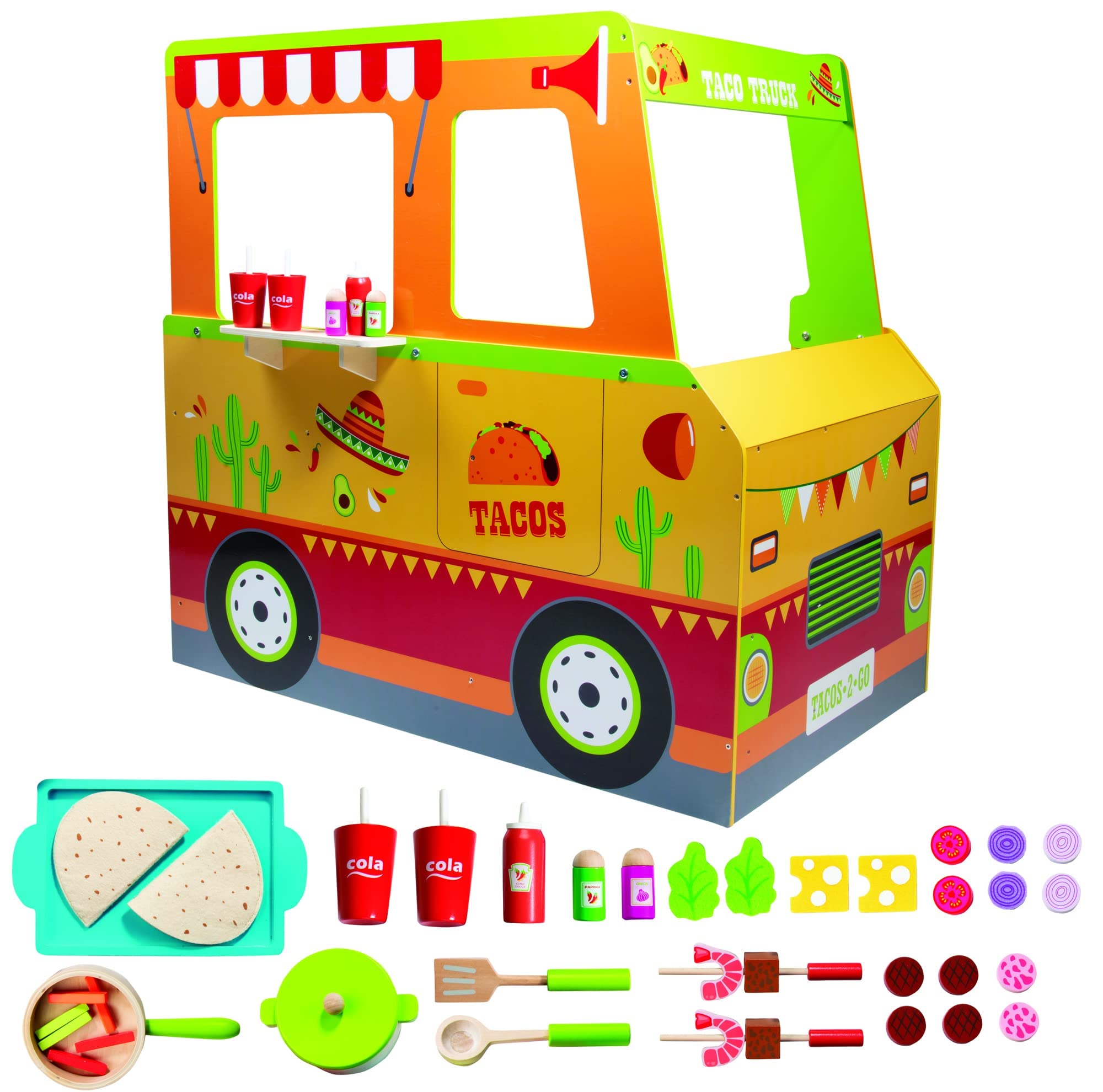 Taco Truck Wooden Playset, 30 Toy Pieces Including Cook Top, Steering Wheel, Sink, Sticker Sheet for Kids Name, Food, Taco Shells, Cheese, Patties, Dual Sided Play Stand Set for Indoor Fun, Ages 3+