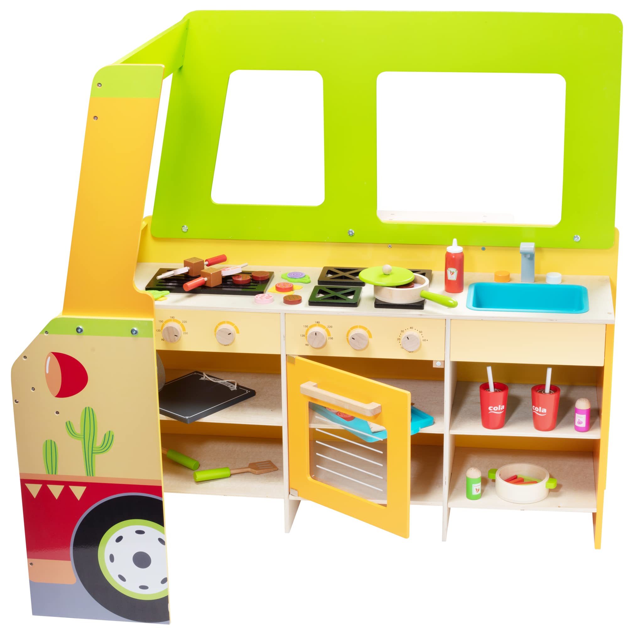 Taco Truck Wooden Playset, 30 Toy Pieces Including Cook Top, Steering Wheel, Sink, Sticker Sheet for Kids Name, Food, Taco Shells, Cheese, Patties, Dual Sided Play Stand Set for Indoor Fun, Ages 3+