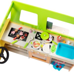 Taco Truck Wooden Playset, 30 Toy Pieces Including Cook Top, Steering Wheel, Sink, Sticker Sheet for Kids Name, Food, Taco Shells, Cheese, Patties, Dual Sided Play Stand Set for Indoor Fun, Ages 3+