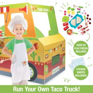 Taco Truck Wooden Playset, 30 Toy Pieces Including Cook Top, Steering Wheel, Sink, Sticker Sheet for Kids Name, Food, Taco Shells, Cheese, Patties, Dual Sided Play Stand Set for Indoor Fun, Ages 3+