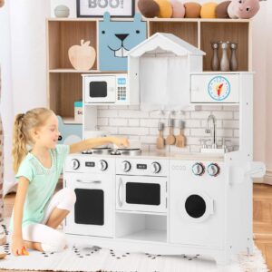 OLAKIDS Kids Kitchen Playset, Wooden Pretend Play Toys with Cookware Accessories, Removable Sink, Oven, Microwave, Washing Machine & Cabinets, Toy Kitchen Set for Kids with Realistic Design