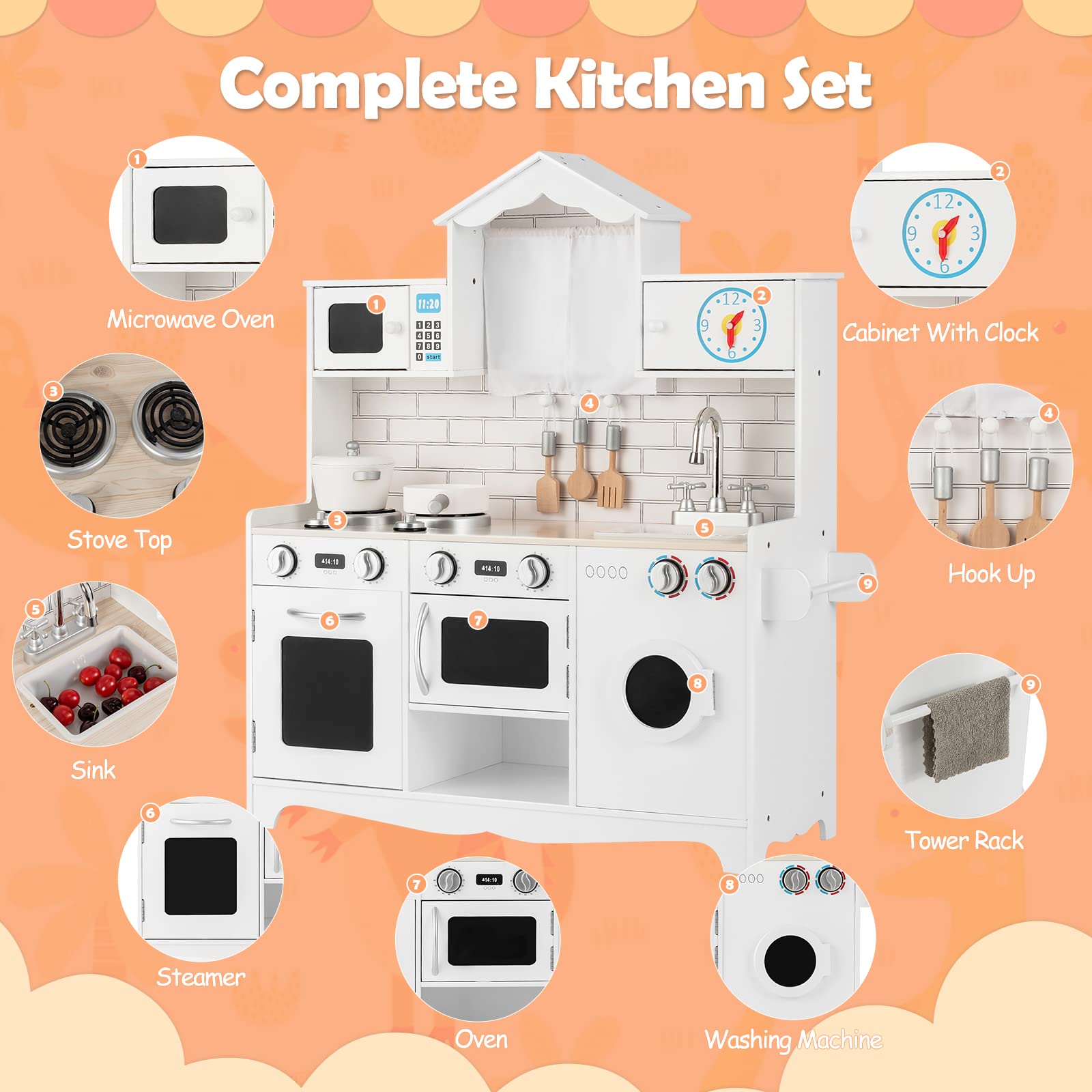 OLAKIDS Kids Kitchen Playset, Wooden Pretend Play Toys with Cookware Accessories, Removable Sink, Oven, Microwave, Washing Machine & Cabinets, Toy Kitchen Set for Kids with Realistic Design