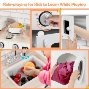 OLAKIDS Kids Kitchen Playset, Wooden Pretend Play Toys with Cookware Accessories, Removable Sink, Oven, Microwave, Washing Machine & Cabinets, Toy Kitchen Set for Kids with Realistic Design