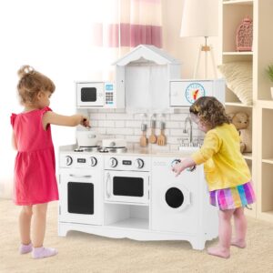 OLAKIDS Kids Kitchen Playset, Wooden Pretend Play Toys with Cookware Accessories, Removable Sink, Oven, Microwave, Washing Machine & Cabinets, Toy Kitchen Set for Kids with Realistic Design