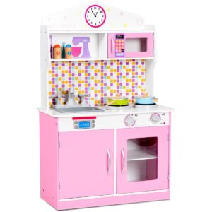 fflyer kids kitchen playset, wooden pretend cooking playset w/ cookware accessories, removable sink, microwave, display shelf, toddler pretend play kitchen toy, best gift for girl, pink