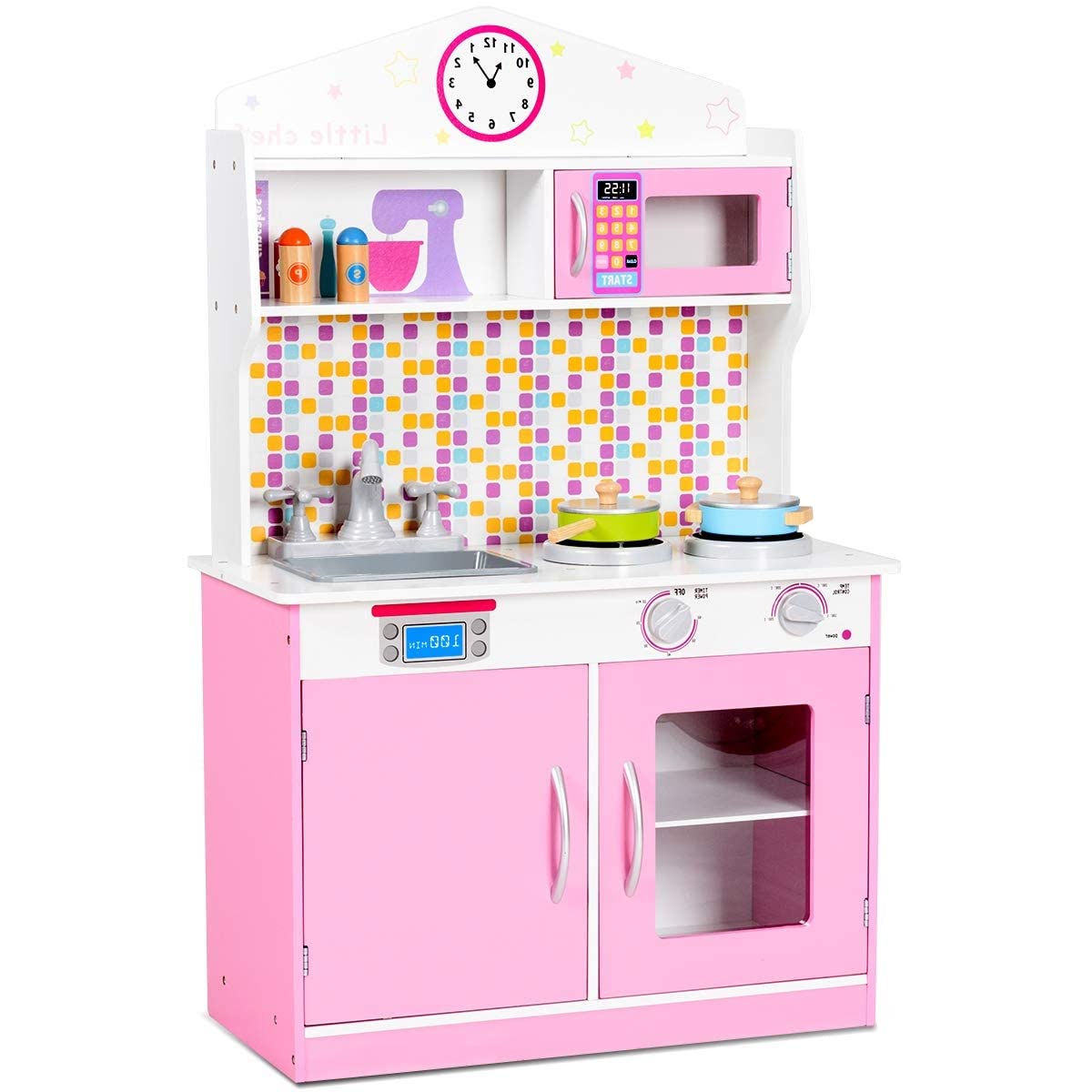 FFlyer Kids Kitchen Playset, Wooden Pretend Cooking Playset w/ Cookware Accessories, Removable Sink, Microwave, Display Shelf, Toddler Pretend Play Kitchen Toy, Best Gift for Girl, Pink