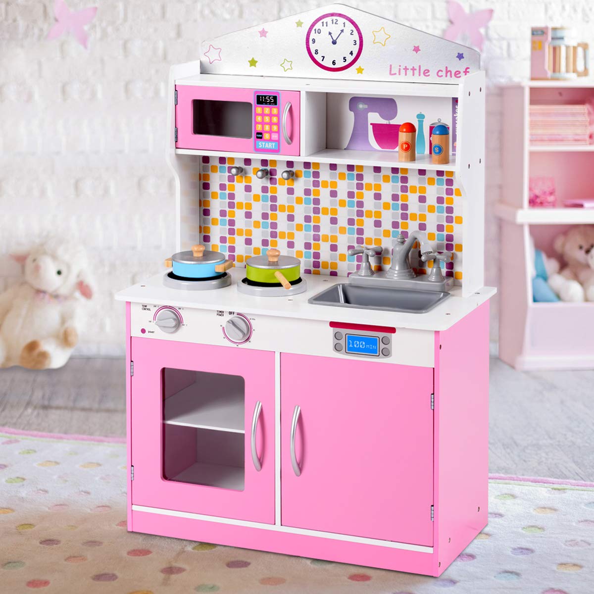 FFlyer Kids Kitchen Playset, Wooden Pretend Cooking Playset w/ Cookware Accessories, Removable Sink, Microwave, Display Shelf, Toddler Pretend Play Kitchen Toy, Best Gift for Girl, Pink