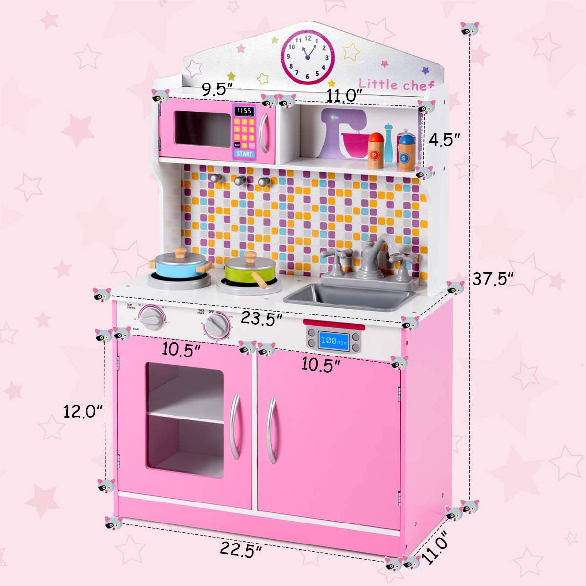 FFlyer Kids Kitchen Playset, Wooden Pretend Cooking Playset w/ Cookware Accessories, Removable Sink, Microwave, Display Shelf, Toddler Pretend Play Kitchen Toy, Best Gift for Girl, Pink