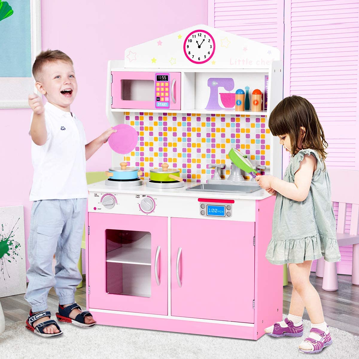 FFlyer Kids Kitchen Playset, Wooden Pretend Cooking Playset w/ Cookware Accessories, Removable Sink, Microwave, Display Shelf, Toddler Pretend Play Kitchen Toy, Best Gift for Girl, Pink