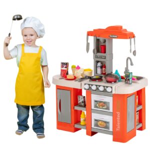 costzon kids kitchen playset, 67pcs pretend chef play food toy set with play sink, realistic lights sounds steam spray simulation, indoor cooking play kitchen for toddlers (orange)