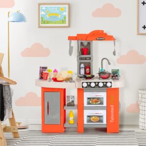 Costzon Kids Kitchen Playset, 67PCS Pretend Chef Play Food Toy Set with Play Sink, Realistic Lights Sounds Steam Spray Simulation, Indoor Cooking Play Kitchen for Toddlers (Orange)