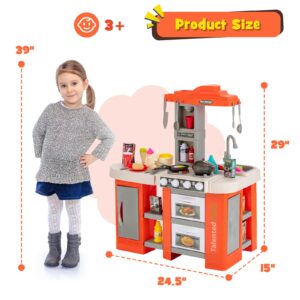 Costzon Kids Kitchen Playset, 67PCS Pretend Chef Play Food Toy Set with Play Sink, Realistic Lights Sounds Steam Spray Simulation, Indoor Cooking Play Kitchen for Toddlers (Orange)