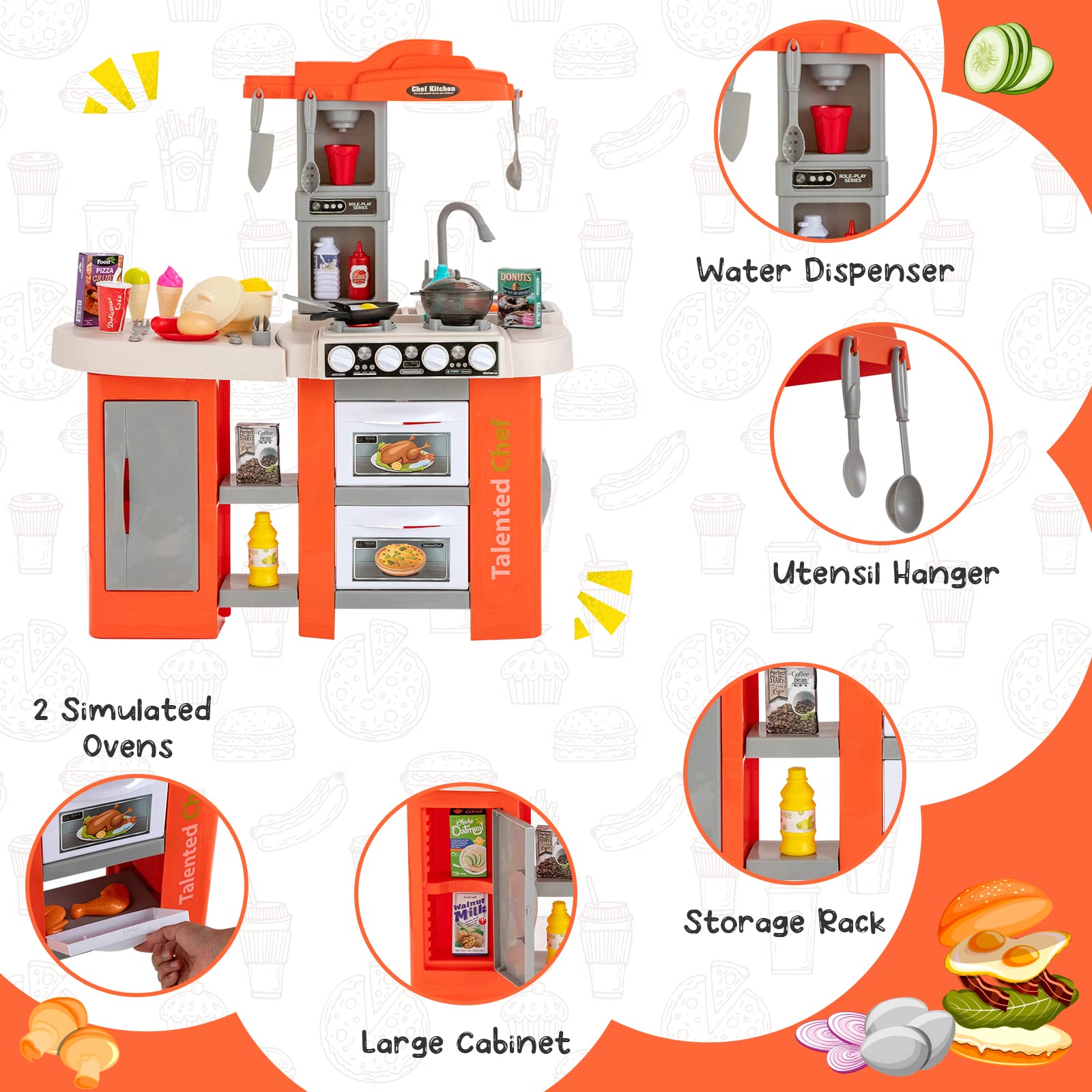 Costzon Kids Kitchen Playset, 67PCS Pretend Chef Play Food Toy Set with Play Sink, Realistic Lights Sounds Steam Spray Simulation, Indoor Cooking Play Kitchen for Toddlers (Orange)