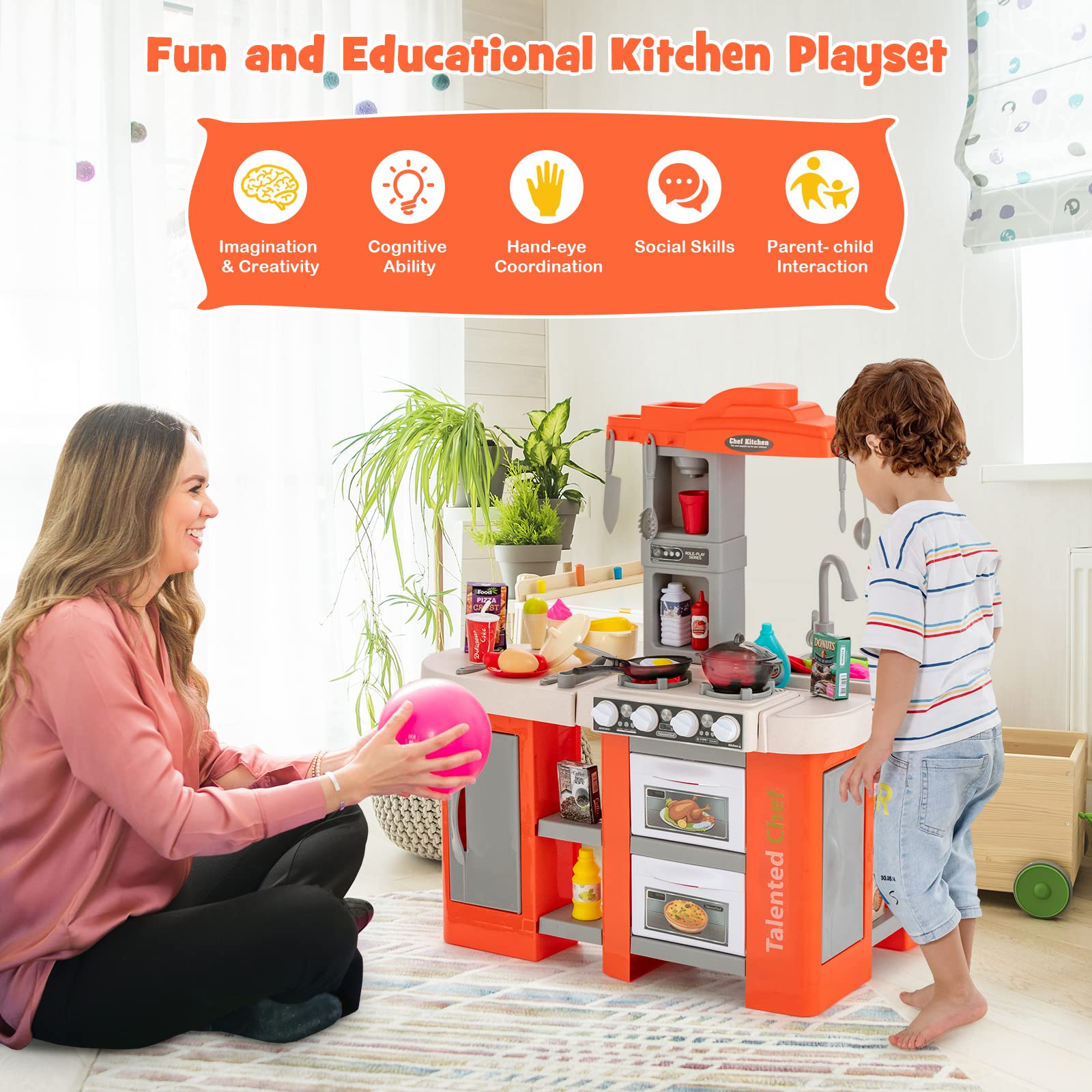 Costzon Kids Kitchen Playset, 67PCS Pretend Chef Play Food Toy Set with Play Sink, Realistic Lights Sounds Steam Spray Simulation, Indoor Cooking Play Kitchen for Toddlers (Orange)