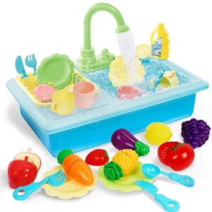 xingying play sink with running water, kitchen sink toys for toddlers w/automatic water cycle system, dish rack, cutting food, utensils tableware accessories, kids sink pretend play for boy girls