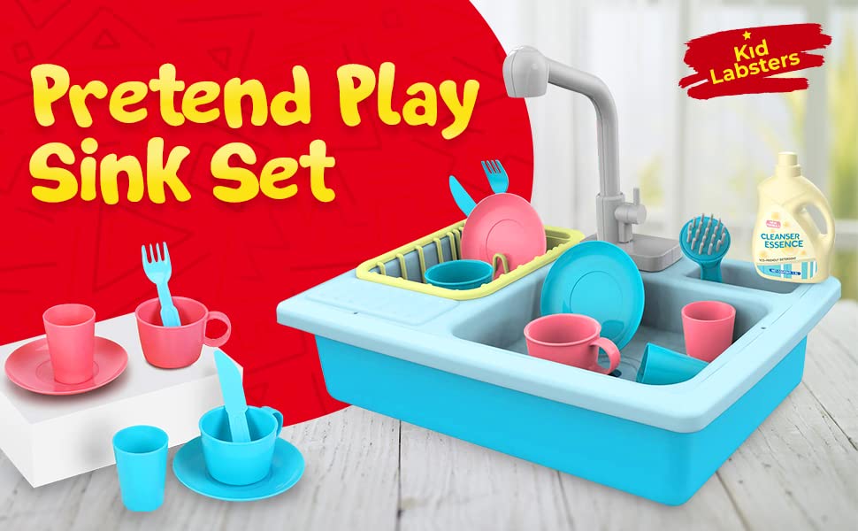 Exec-U-Gift Pretend Play Sink Set Pretend Kitchen Sink and Dishwashing Playset Plastic Diner and Playhouse ST A