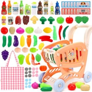 tagitary shopping cart toy for kids,82 pcs toddler play grocery cart with shopping bag,included pretend plastic food veggies,play money cash and coins, learning toys play kitchen accessories for kids