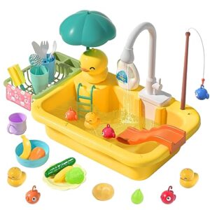 cute stone play sink with running water, kitchen sink toys with play food and kitchen utensils, pool floating toys for fishing game, children role play electric dishwasher toy gift for boys girls