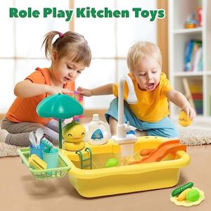 CUTE STONE Play Sink with Running Water, Kitchen Sink Toys with Play Food and Kitchen Utensils, Pool Floating Toys for Fishing Game, Children Role Play Electric Dishwasher Toy Gift for Boys Girls