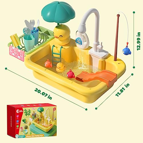 CUTE STONE Play Sink with Running Water, Kitchen Sink Toys with Play Food and Kitchen Utensils, Pool Floating Toys for Fishing Game, Children Role Play Electric Dishwasher Toy Gift for Boys Girls