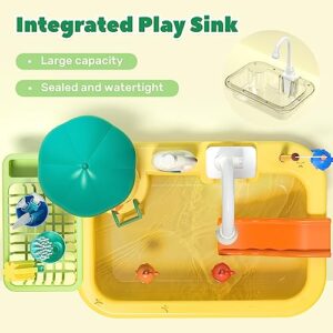 CUTE STONE Play Sink with Running Water, Kitchen Sink Toys with Play Food and Kitchen Utensils, Pool Floating Toys for Fishing Game, Children Role Play Electric Dishwasher Toy Gift for Boys Girls