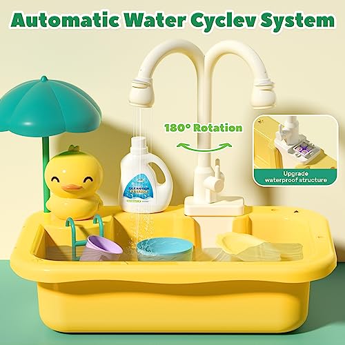 CUTE STONE Play Sink with Running Water, Kitchen Sink Toys with Play Food and Kitchen Utensils, Pool Floating Toys for Fishing Game, Children Role Play Electric Dishwasher Toy Gift for Boys Girls