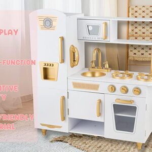 WoodenEdu Kitchen Playset for Kids Ages 3-8, Wooden Pretend Play Kitchen, Incloud Telephone, Ice Maker, Refrigerator, Dimensions: 35” H x 31” W x 12” D (White)