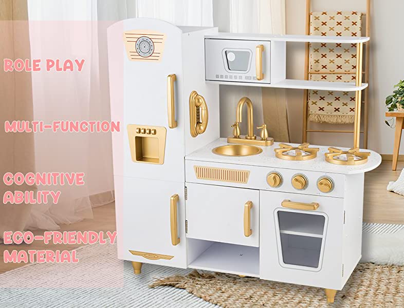 WoodenEdu Kitchen Playset for Kids Ages 3-8, Wooden Pretend Play Kitchen, Incloud Telephone, Ice Maker, Refrigerator, Dimensions: 35” H x 31” W x 12” D (White)