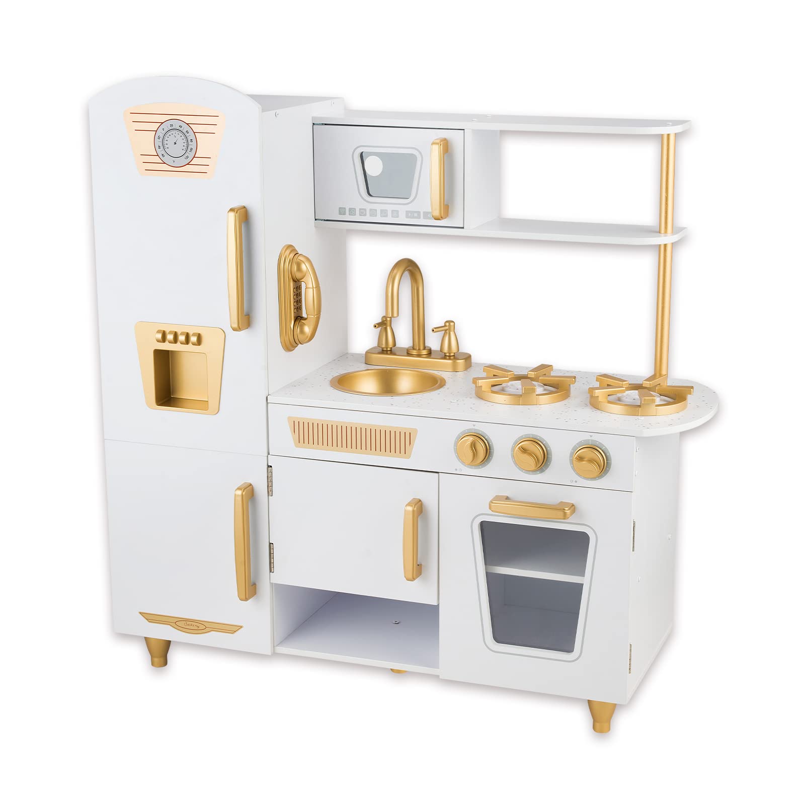 WoodenEdu Kitchen Playset for Kids Ages 3-8, Wooden Pretend Play Kitchen, Incloud Telephone, Ice Maker, Refrigerator, Dimensions: 35” H x 31” W x 12” D (White)