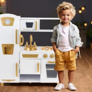 WoodenEdu Kitchen Playset for Kids Ages 3-8, Wooden Pretend Play Kitchen, Incloud Telephone, Ice Maker, Refrigerator, Dimensions: 35” H x 31” W x 12” D (White)